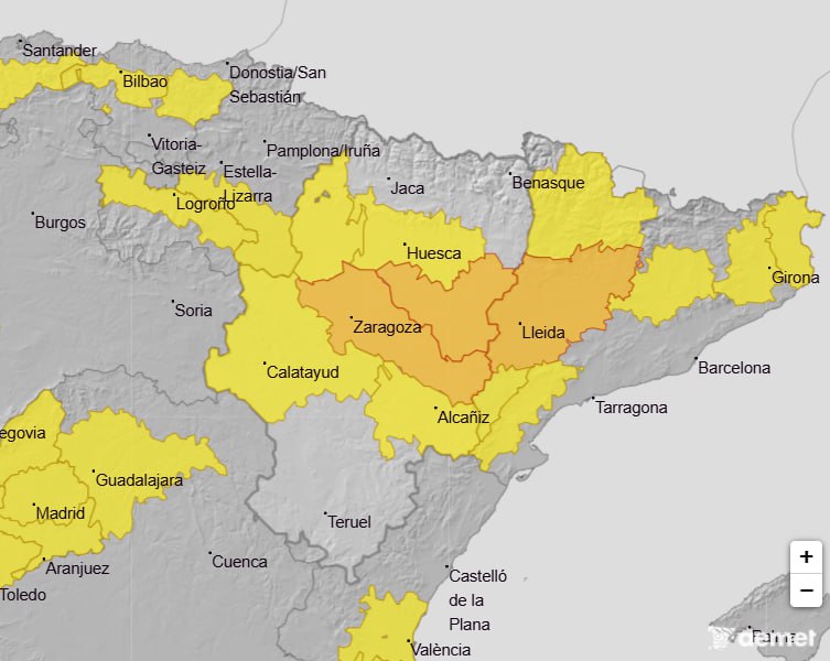 Aviso naranja por temperaturas máximas en Sur de Huesca y Ribera del Ebro